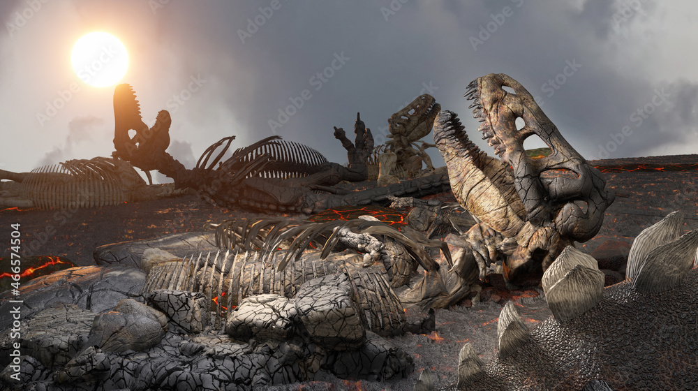 dead dinosaur bodies, dinosaur skeletons after extinction 3d render ...