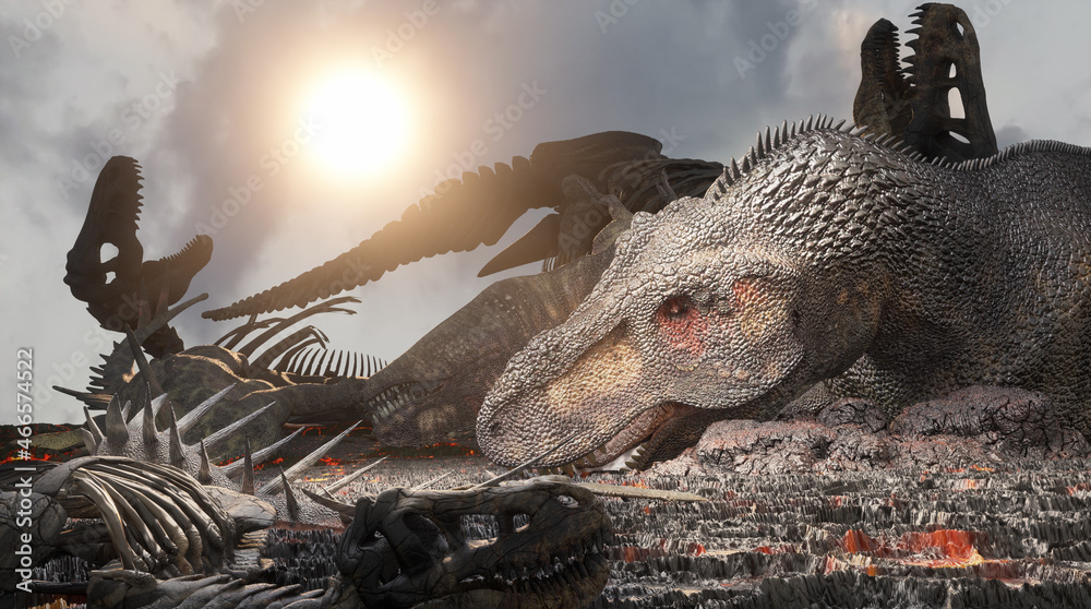 dead dinosaur bodies, dinosaur skeletons after extinction 3d render ...