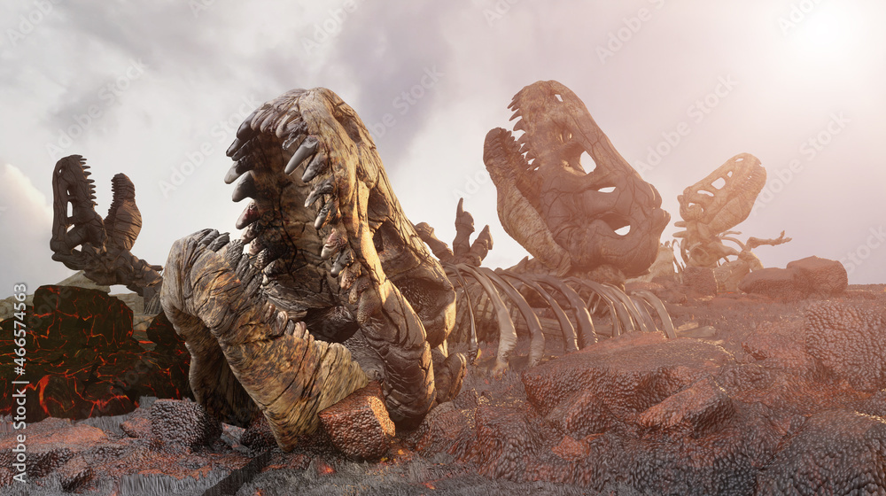 dead dinosaur bodies, dinosaur skeletons after extinction 3d render ...