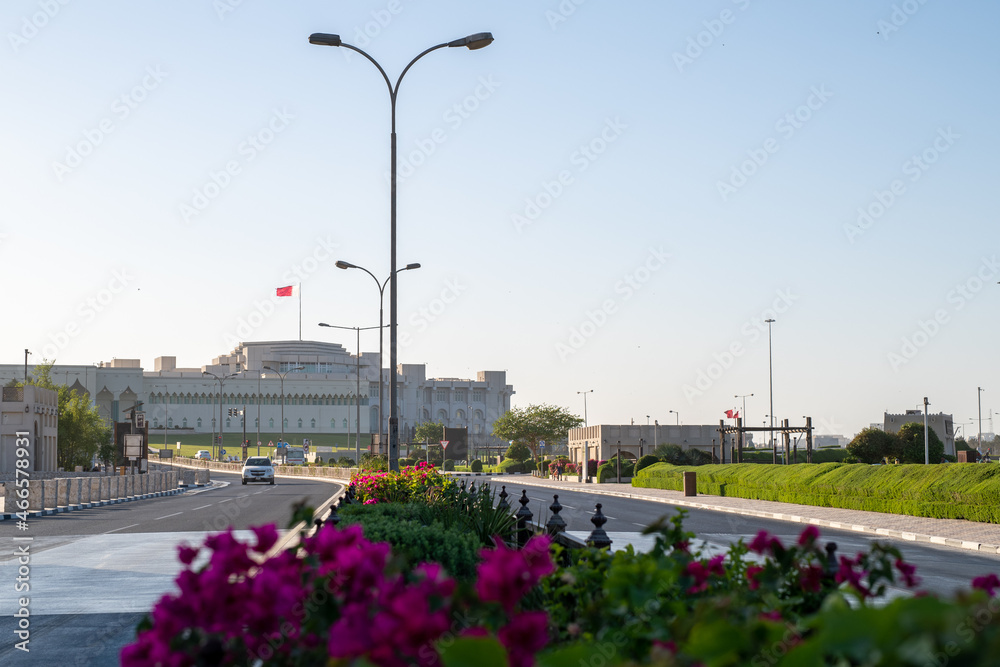 The road to the Emiri Diwan Palace in the center of Doha, Qatar Stock ...