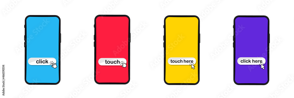 Set of smartphone Touch screen icons with click here button. Click on ...