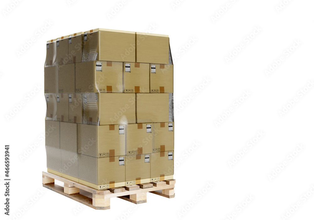 Pallet with boxes on white background. Pallet symbolizes preparation of ...