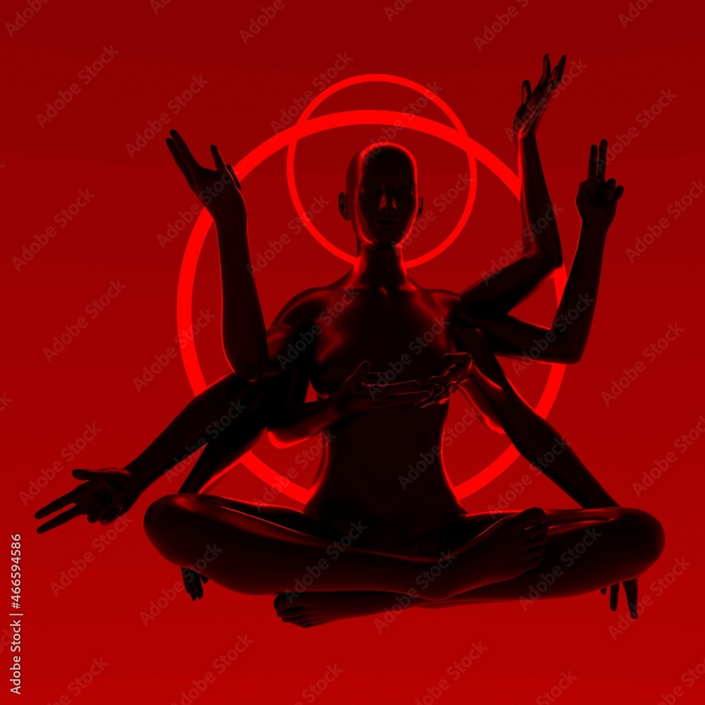 Chthonic goddess in a lotus pose with many hands and neon red aureole ...