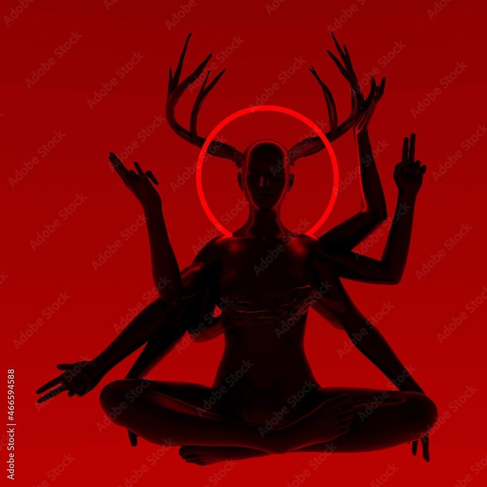 Surrealistic goddess with many hands, horns and a halo. The concept of ...