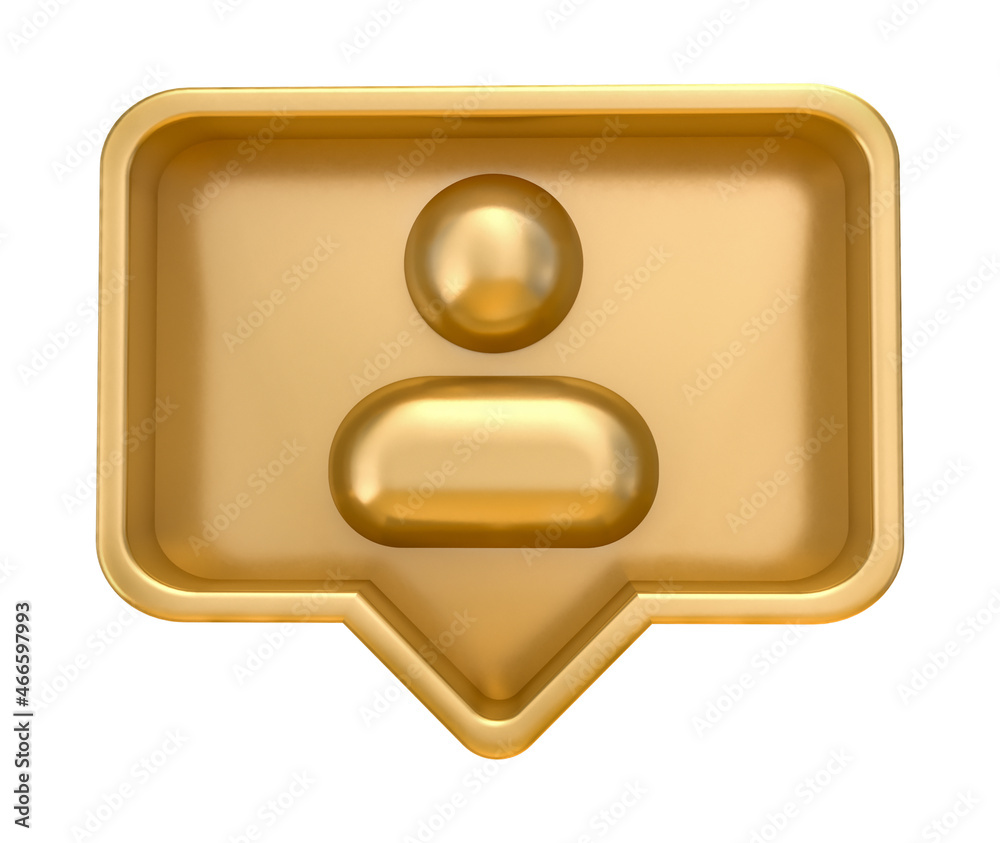 Notification balloon with golden person icon on white background. 3d ...
