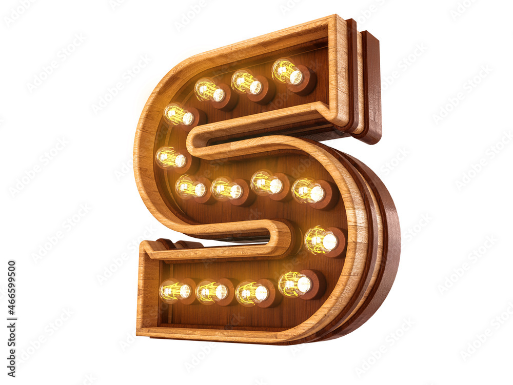 Letter S with realistic light bulbs and wood isolated on white ...
