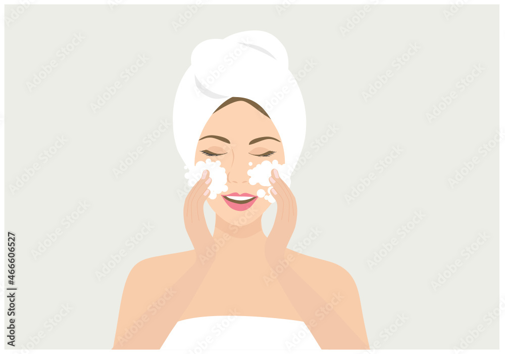 Beautiful woman washing her face with bubble water vector illustration ...