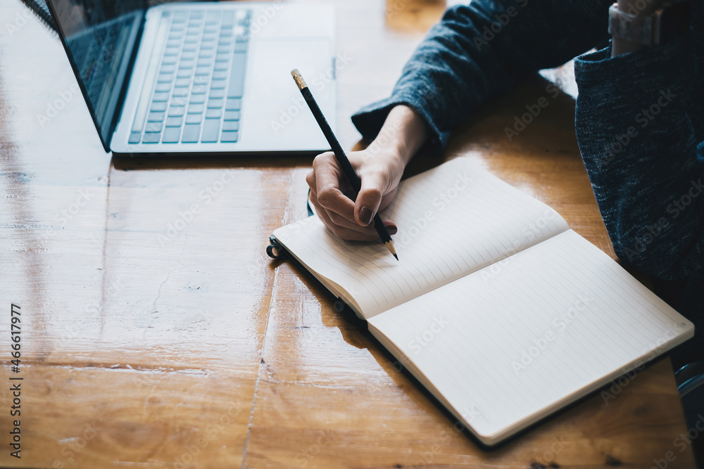 Student learning at home with online lesson by laptop computer. E ...