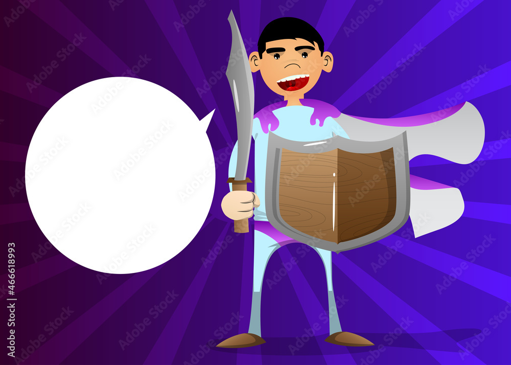Funny cartoon man dressed as a superhero holding a sword and shield ...