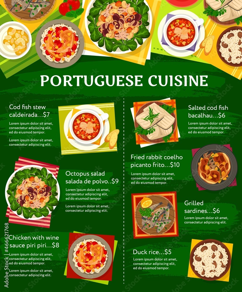 Portuguese cuisine restaurant dishes menu. Stew Caldeirada, salted cod ...
