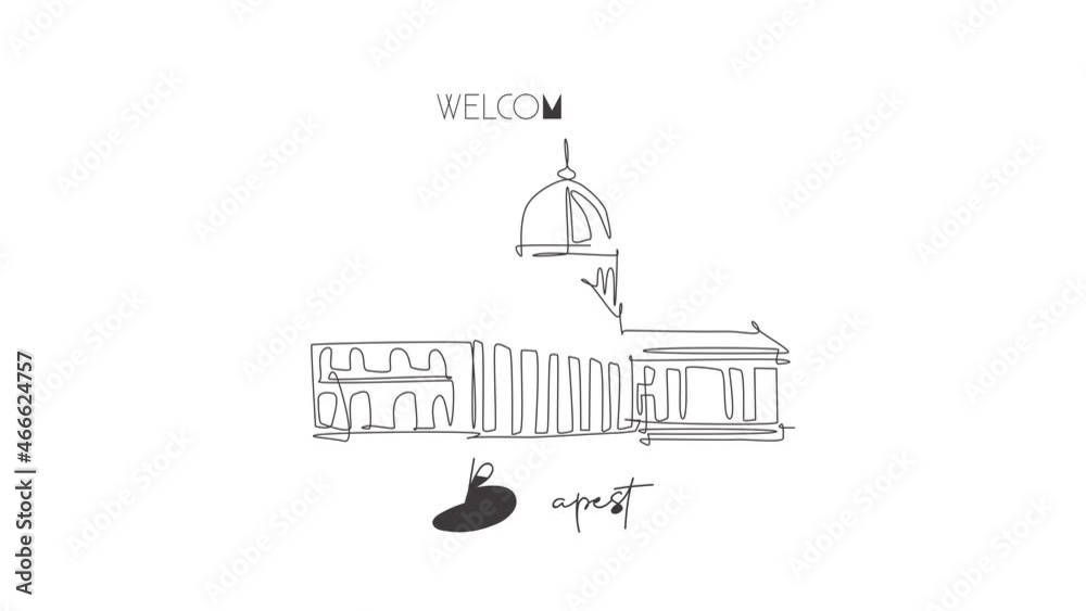 Animation of one line drawing Buda Castle landmark. World famous iconic ...