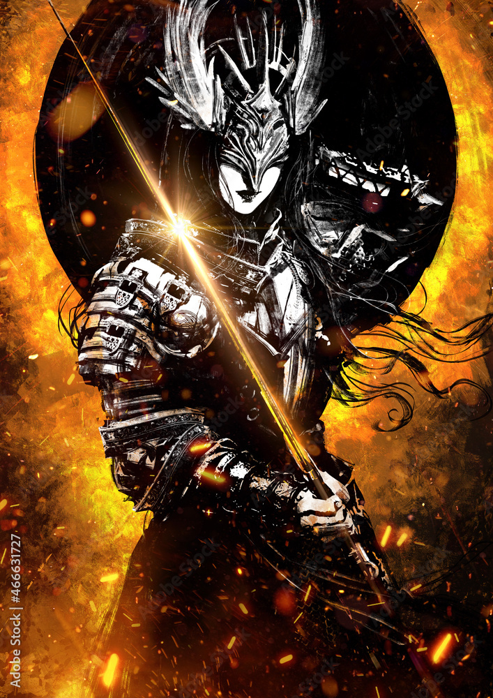 A young valkyrie in a mask with a beak and feathers, in plate armor ...