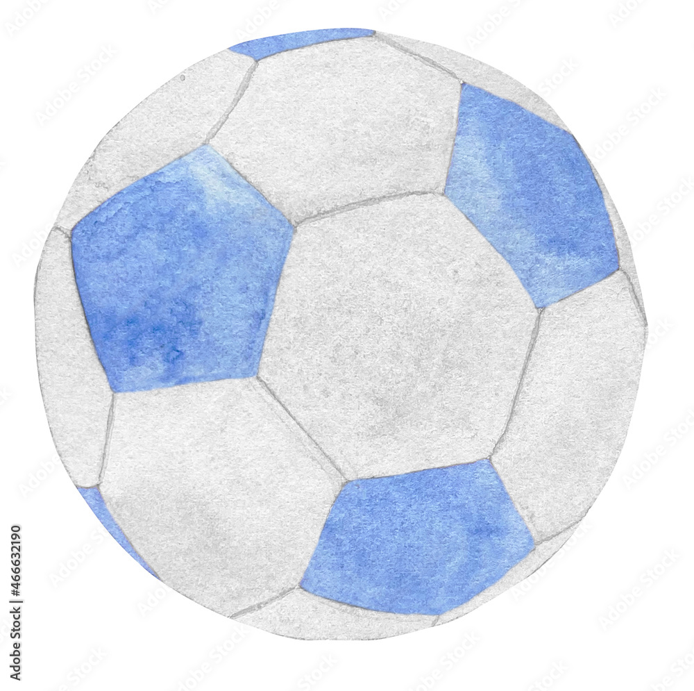 Blue and white football soccer ball drawing. One single watercolor ...