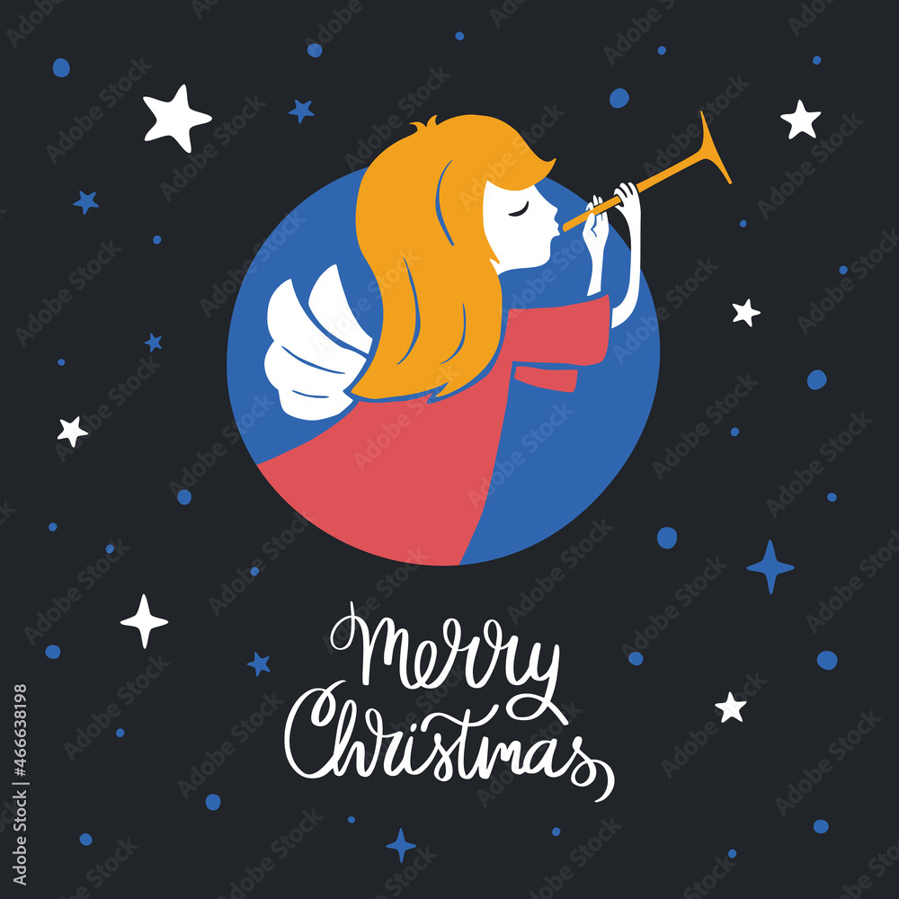 Cozy Christmas poster, card or banner with angel blowing trumpet and ...
