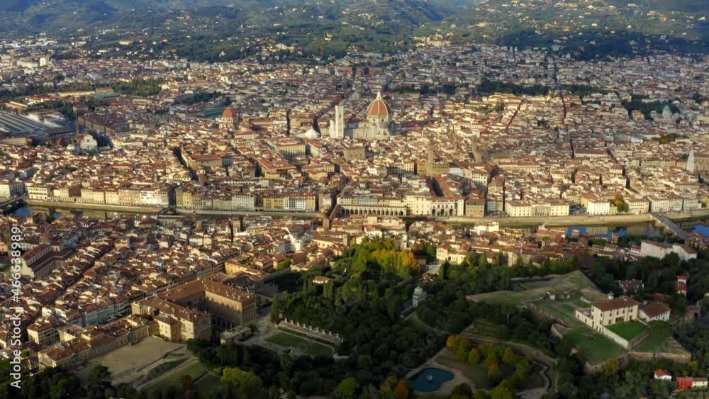 Florence, Tuscany, Italy, October 2021. Drone tracks parallel with the ...