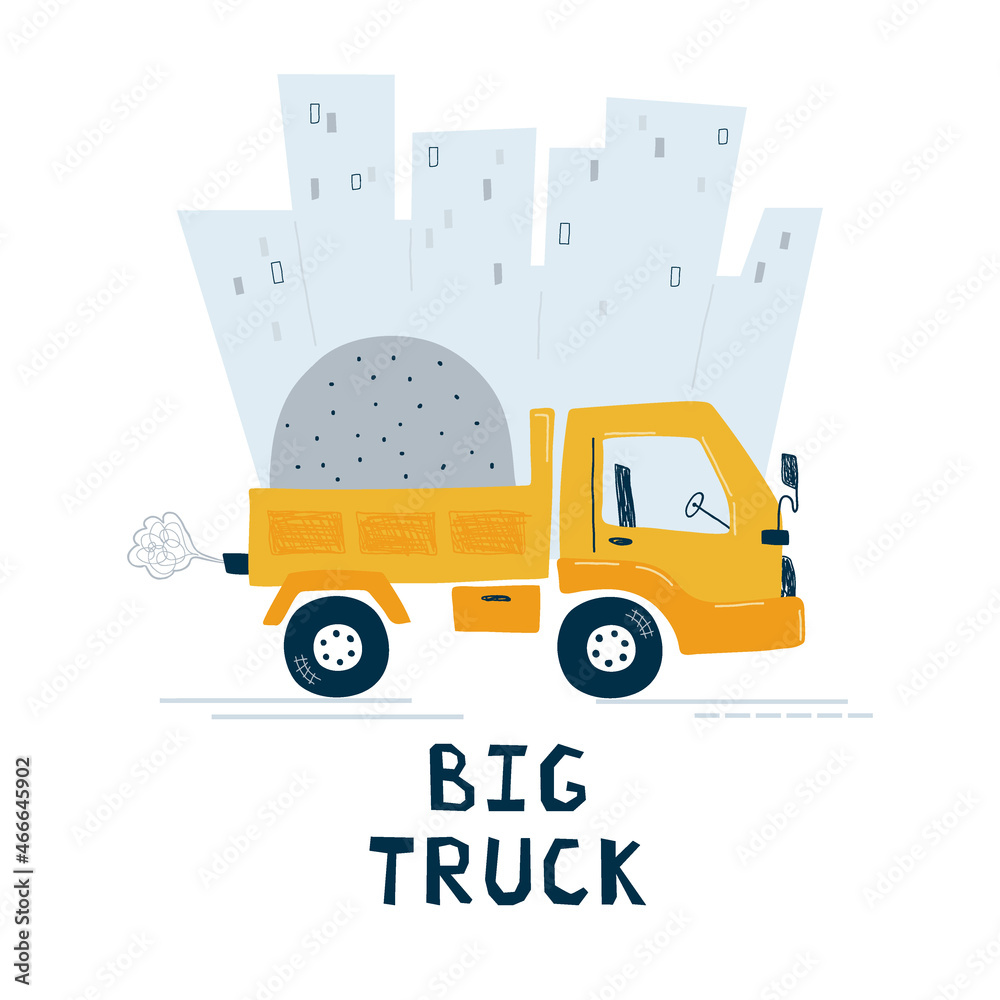 Cute kids print with construction vehicle on white background ...