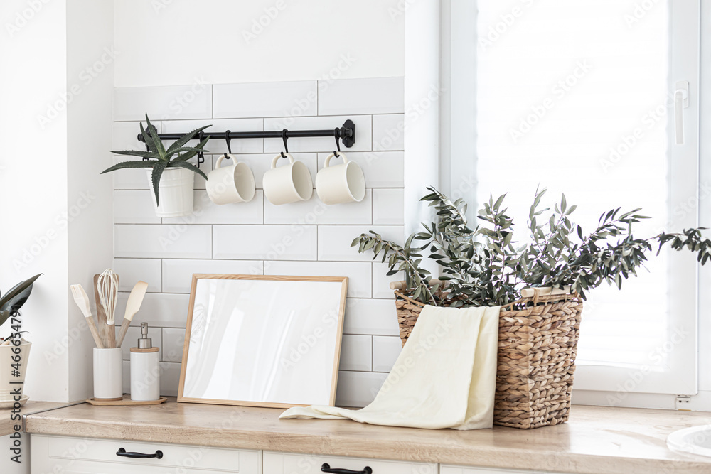 Mock up frame in kitchen interior background. Scandinavian home design ...