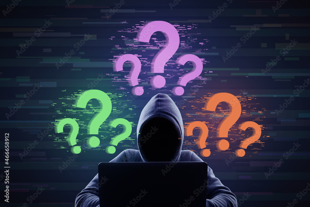 Hacker in hoodie with glowing question marks on digital background. FAQ ...