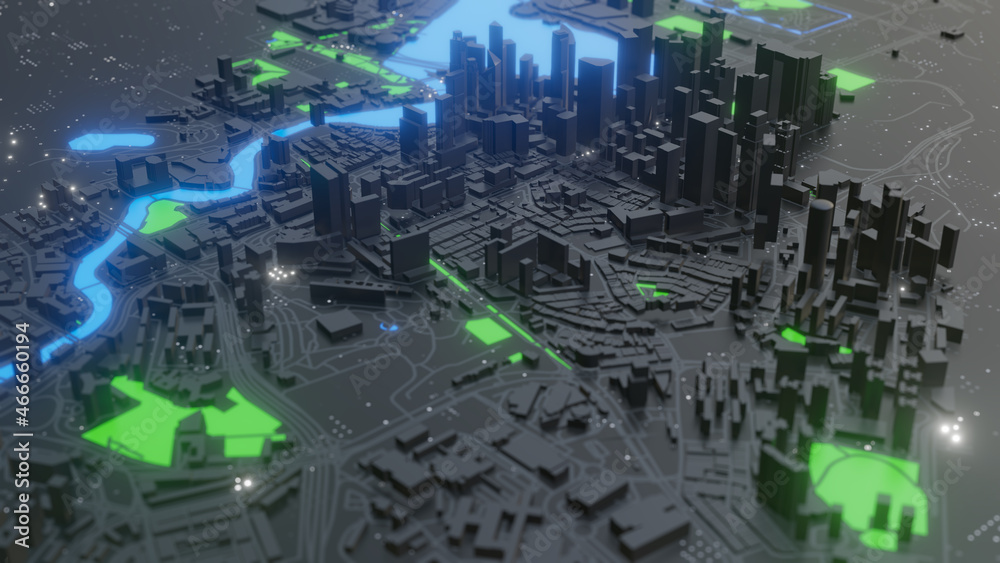 Abstract neon glowing Smart city with buildings and streets Stock ...