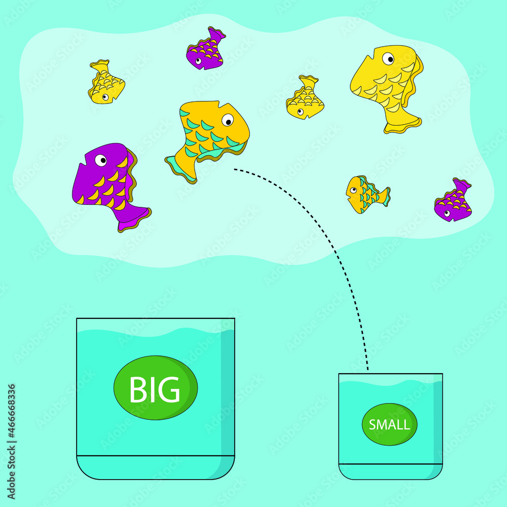 Developing activity for children, sort fishes into small and large ones ...