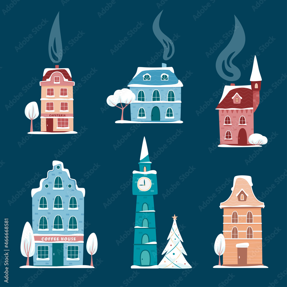Set of isolated retro decorated buildings with snowy tree and fir tree ...