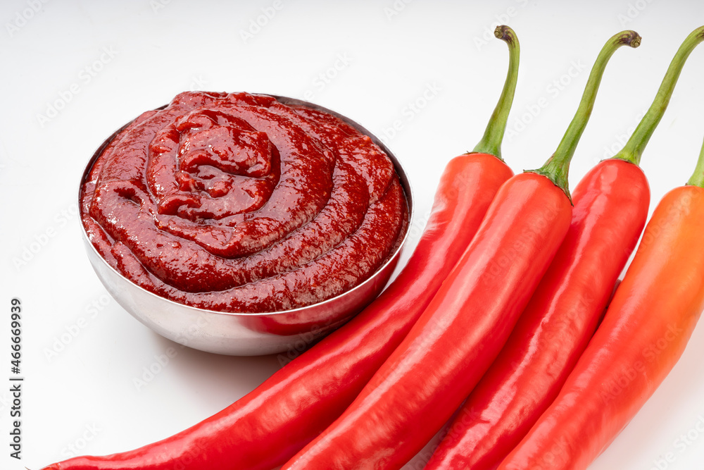 Korean pepper paste and red pepper isolated on white background ...
