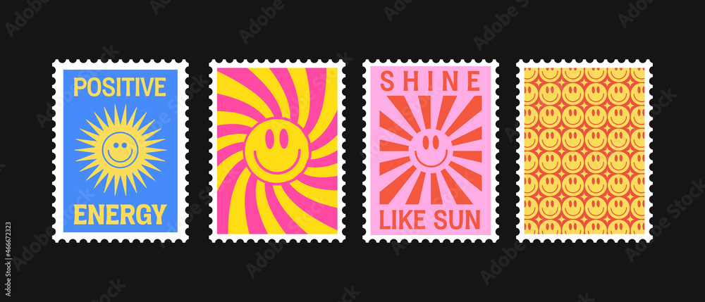 Positive Energy And Sun Shine Retro Postage Stamps Vector Design. Cool ...