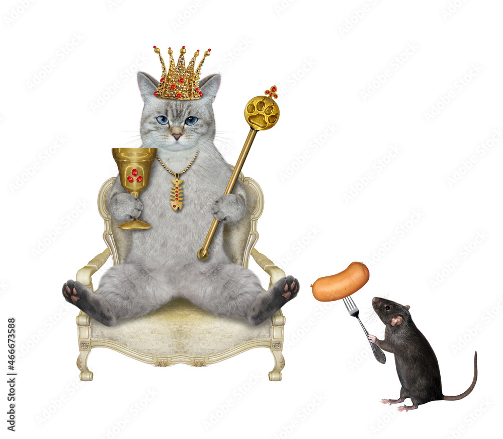 An ashen cat in a crown holds a scepter and a golden goblet on a throne ...