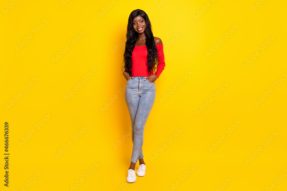 Full length body size view of charming slender cheerful wavy-haired ...