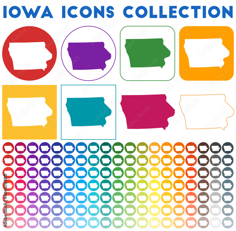 Iowa icons collection. Bright colourful trendy map icons. Modern Iowa ...