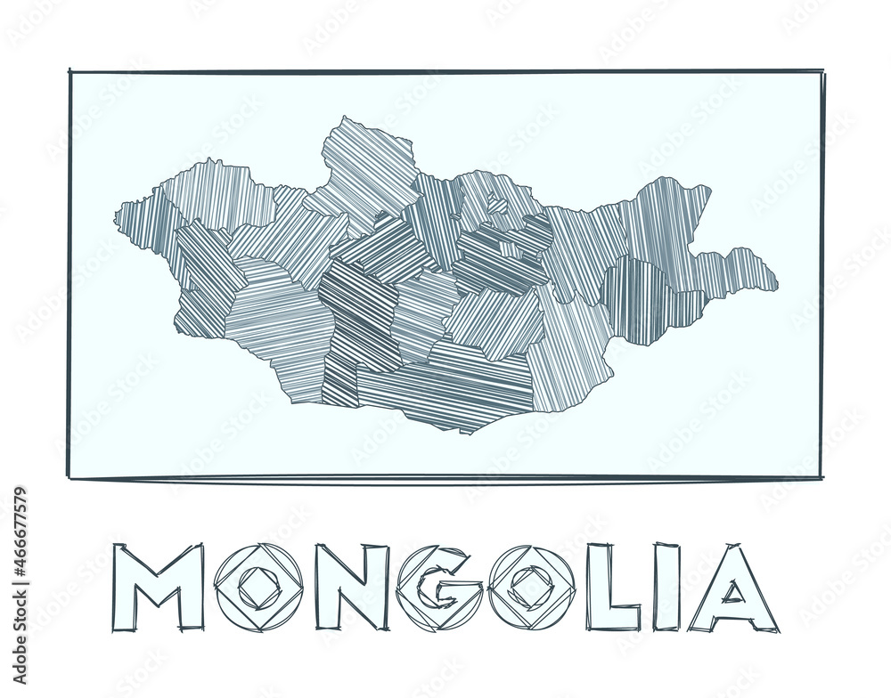 Sketch map of Mongolia. Grayscale hand drawn map of the country. Filled ...