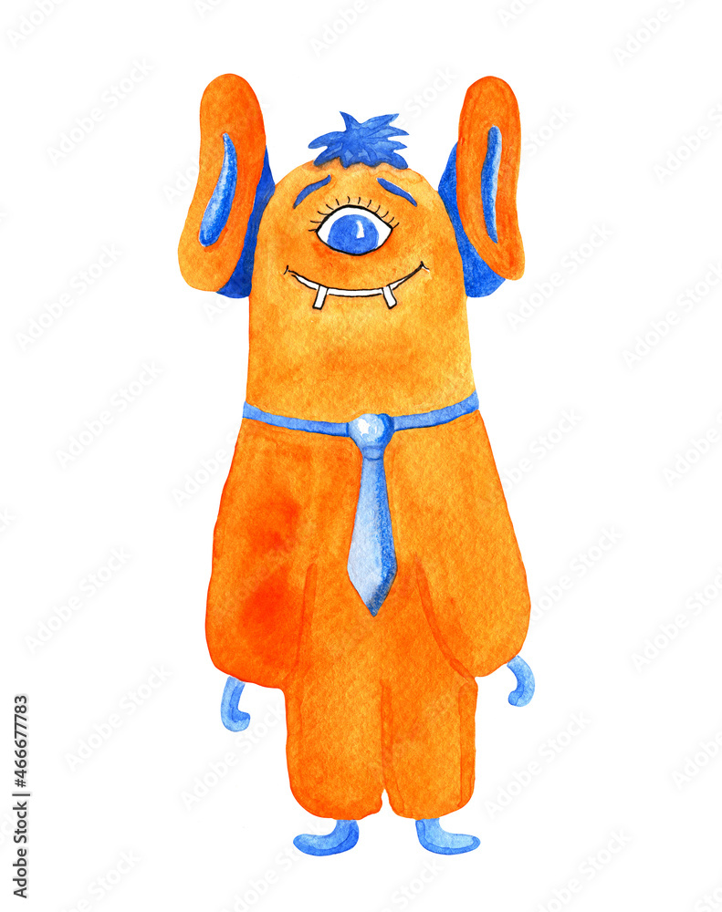 Watercolor cartoon cute and funny orange monster with one eye and big ...