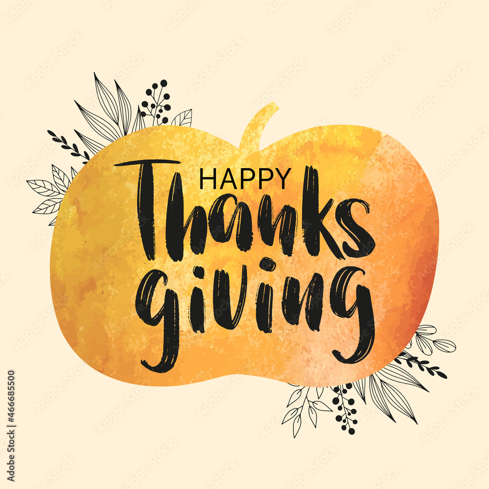 Happy Thanksgiving lettering poster. Orange watercolor pumpkin ...