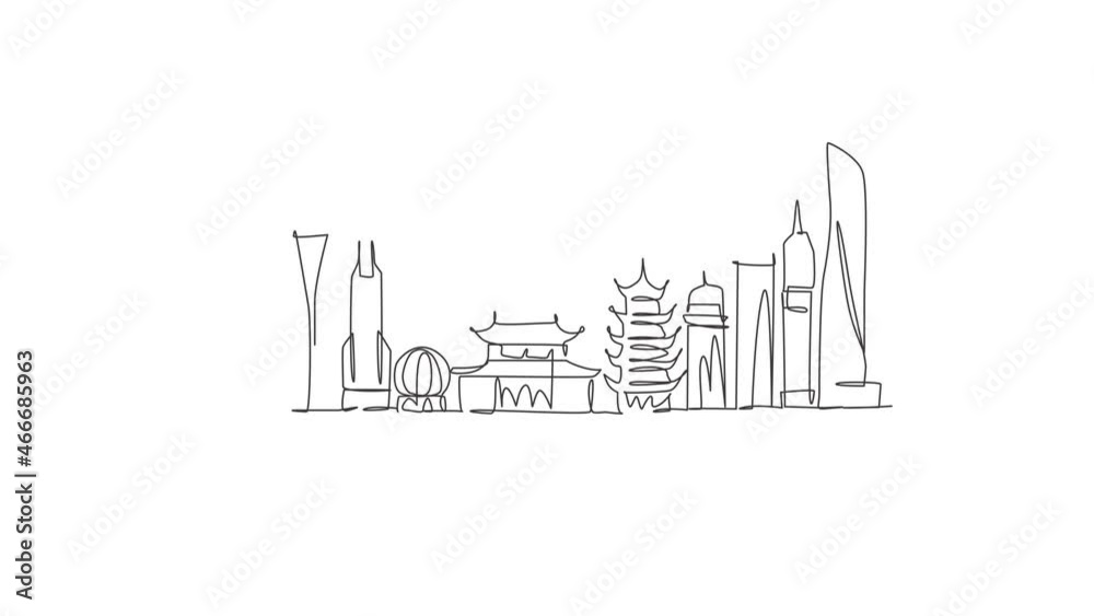 Animation of one single line drawing of Shanghai city skyline, China ...