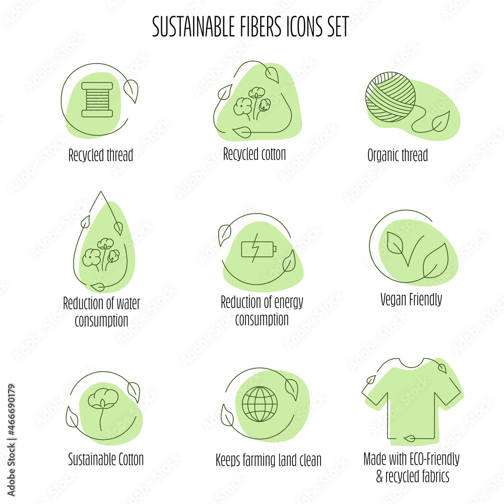 Sustainable fibers set with icon and sign for eco friendly, natural ...