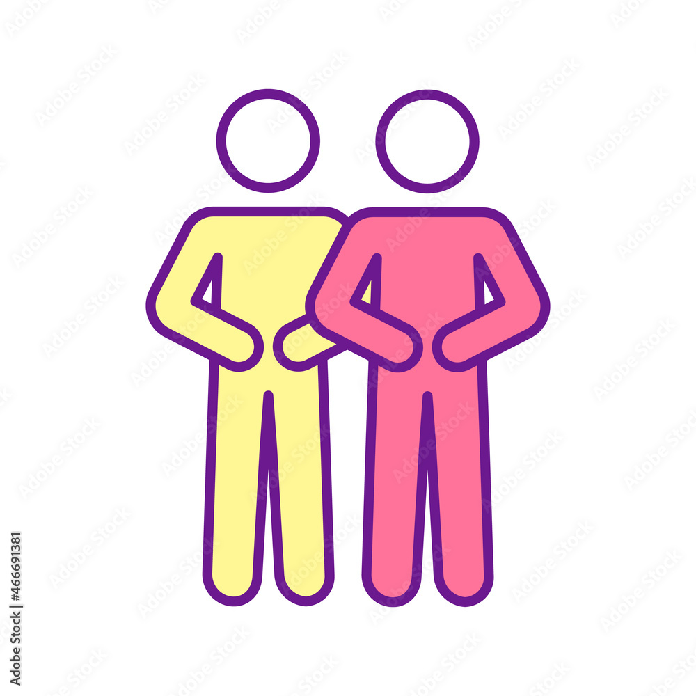 Two persons doing respiratory excercise RGB color icon. Inhale and ...