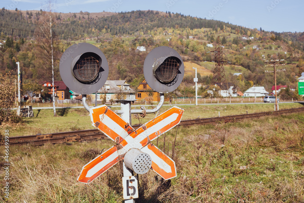 Heavy industry. Railways. The traffic light on the railway is lit Stock ...