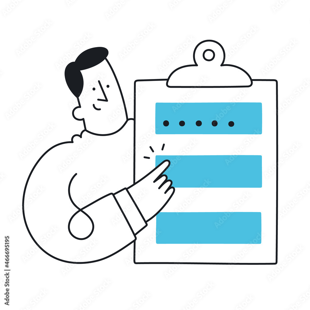 Man with a registration form. Outline, linear, thin line, doodle art ...