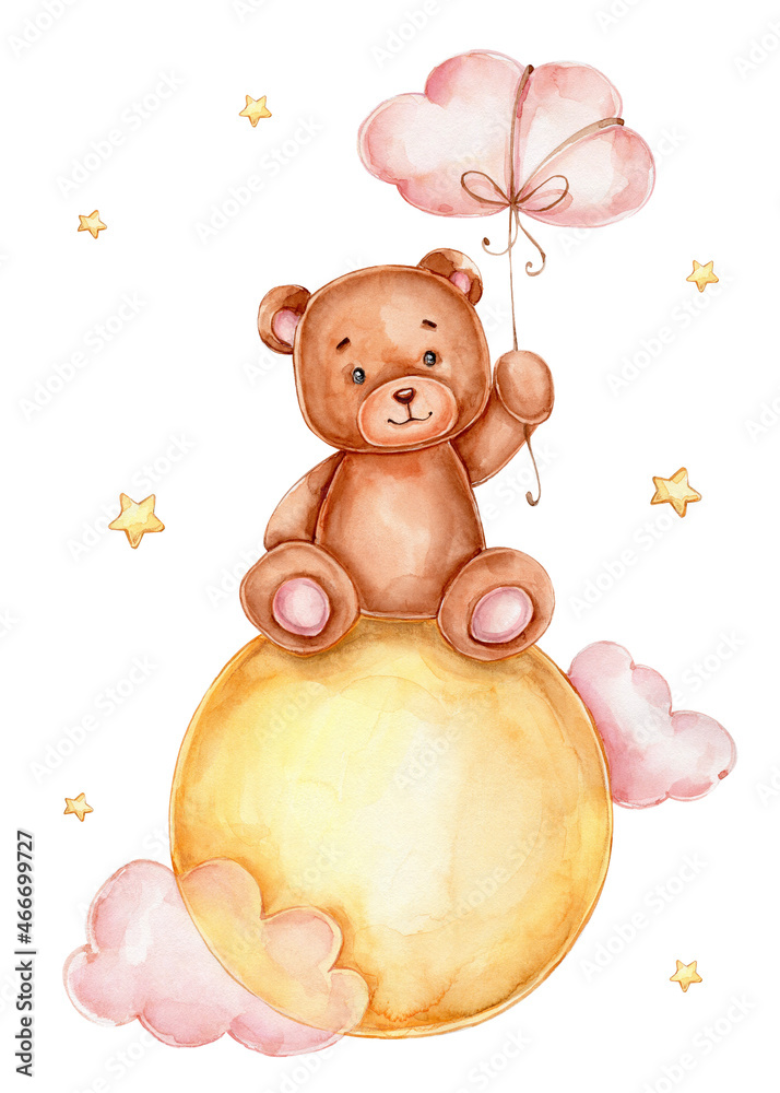Teddy bear sitting on yellow moon with cloud; watercolor hand drawn ...