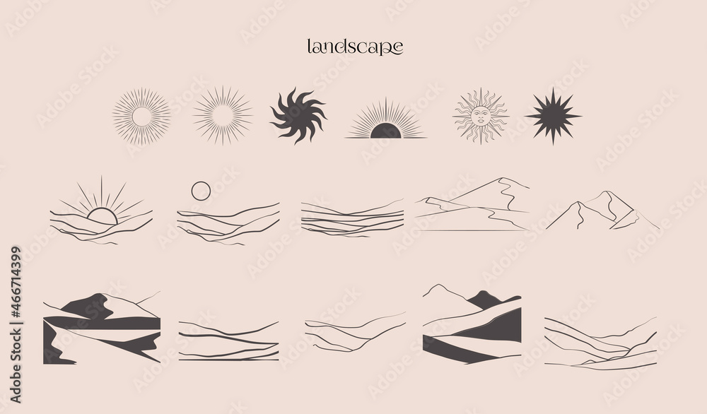 Collection of abstract landscape in one line style. Editable Vector ...