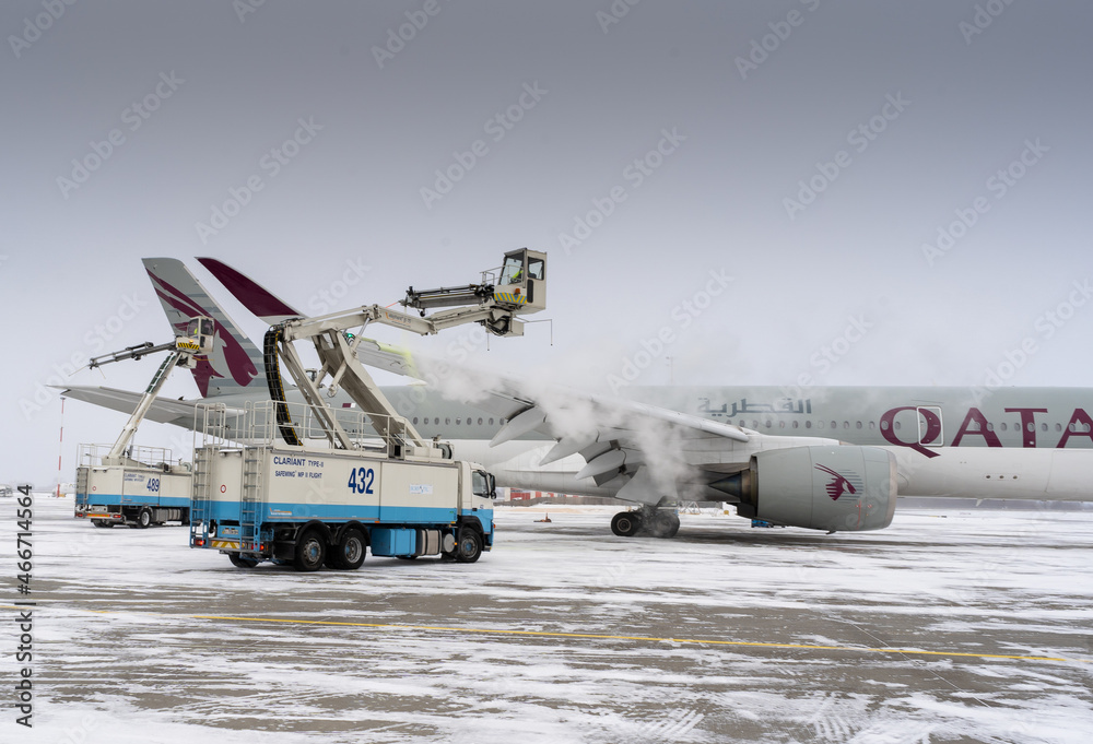 Ukraine, Kyiv - February 12, 2021: De-icing the aircraft before the ...