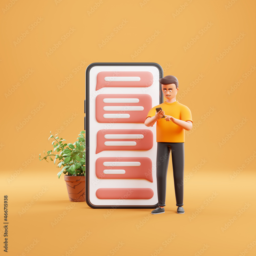 Happy cartoon character man use smartphone stand near big phone with ...