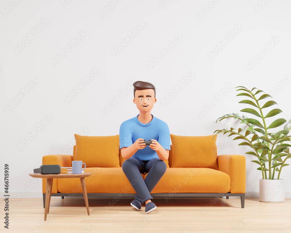 Happy cartoon character man play video game with gamepad on yellow ...