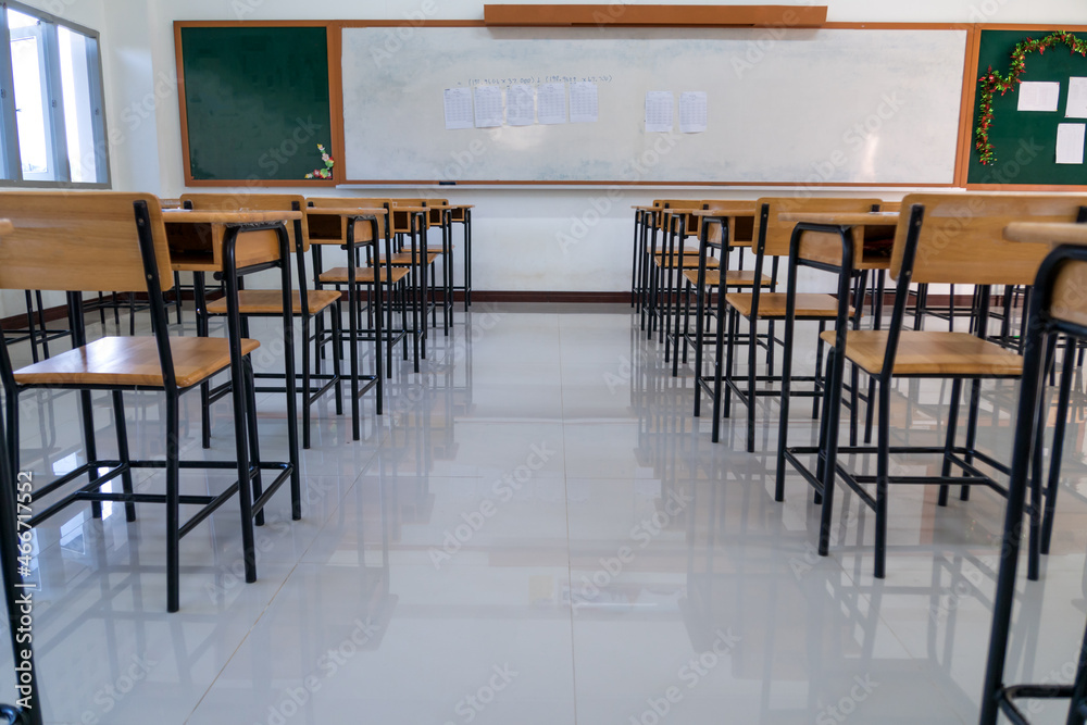 School interior of empty class room with board and seat when nobody or ...