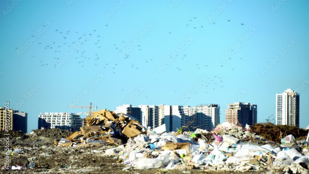 Vidéo Stock Garbage dump. Skyscrapers, a construction site with a crane ...