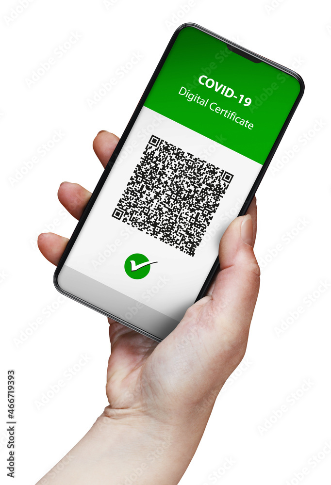 Green pass covid-19 vaccination concept. Hand holds smartphone with qr ...