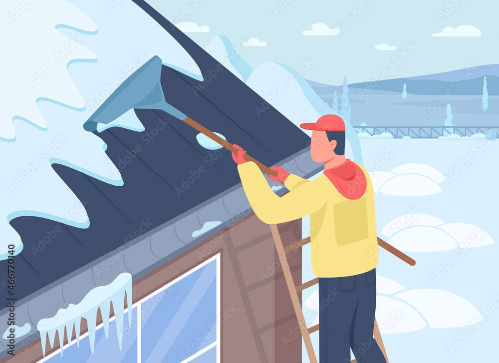 Rooftop snow removal flat color vector illustration. Clearing roof of ...