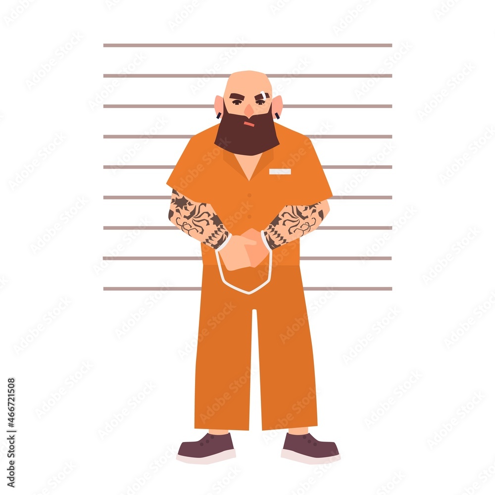 Bearded male criminal with handcuffs standing and posing for mugshot ...