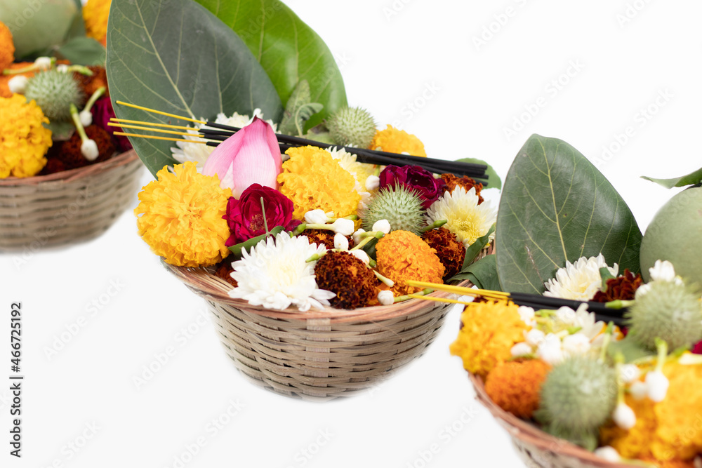 Bamboo Basket With Multi Flowers like Marigold Genda, Gulab, Jasmine ...