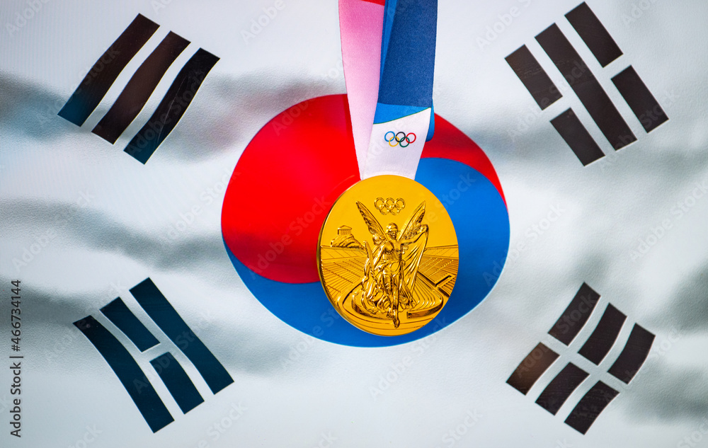 April 22, 2021 Beijing, China. Olympic gold medal against the ...